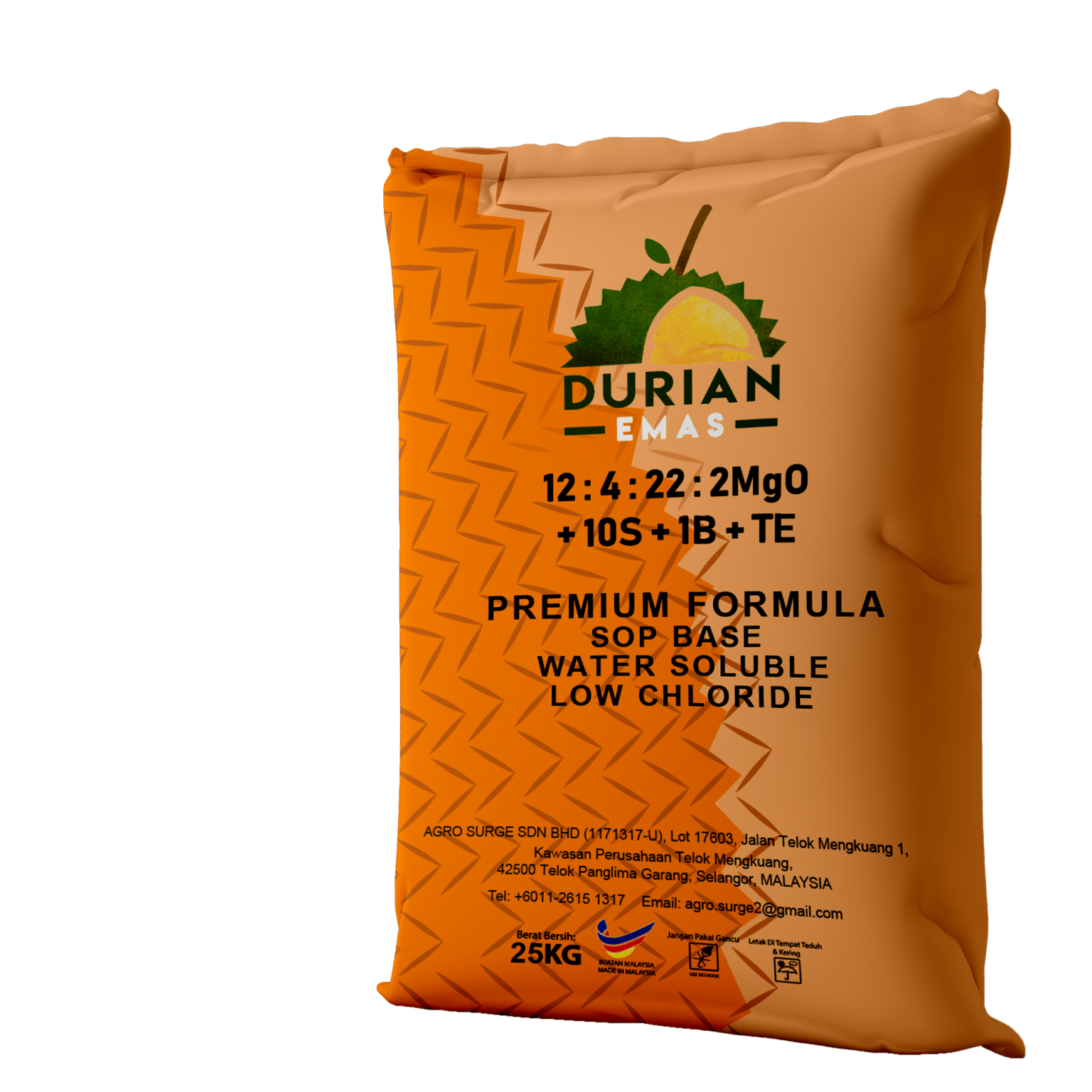 Durian Emas 12 : 4 : 22 : 2MgO + 10S + 1B + TE – Agro Surge Fertilizer