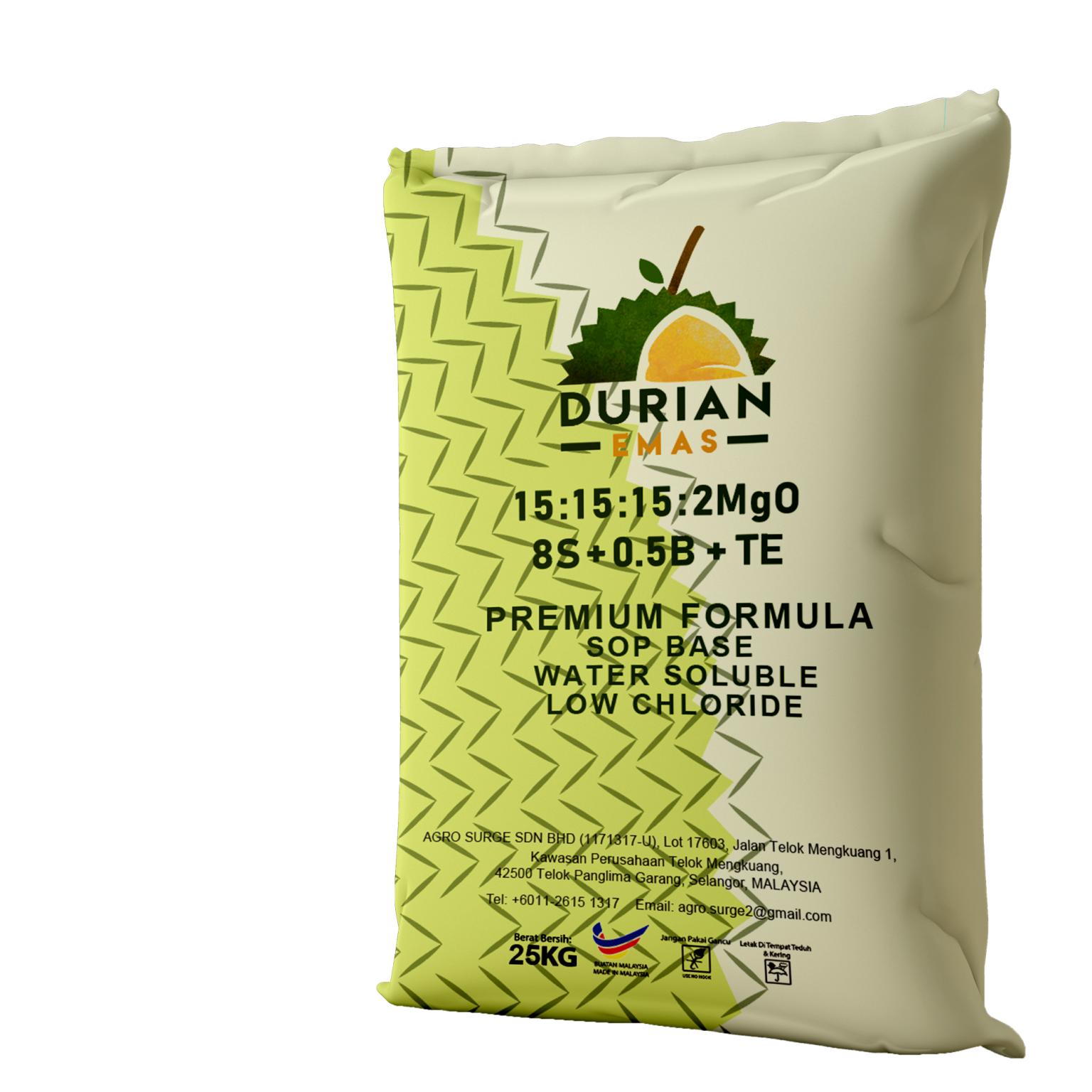 Durian Emas 15 : 15 : 15 : 2MgO : 8S + 0.5B + TE – Agro Surge Fertilizer